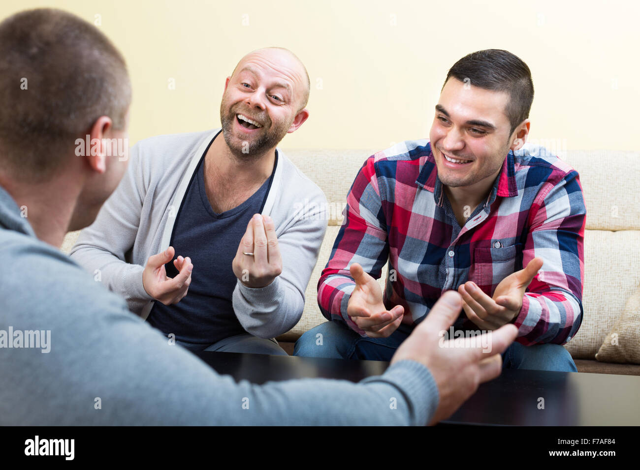 Three cheerful smiling men having positive conversation at home Stock ...
