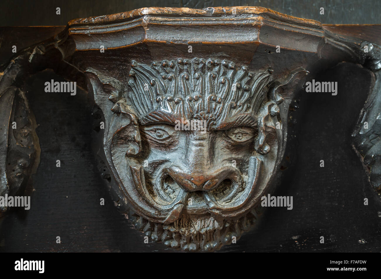 Misericord on a seat in the choir at the medieval church of St Mary the ...