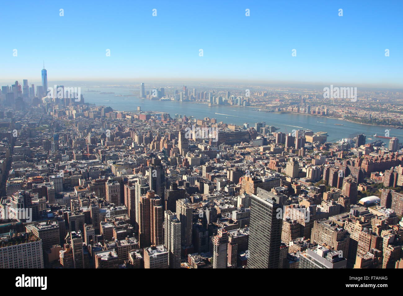 Manhattan New York Downtown Skyline and Hudson River in Morning Smog ...