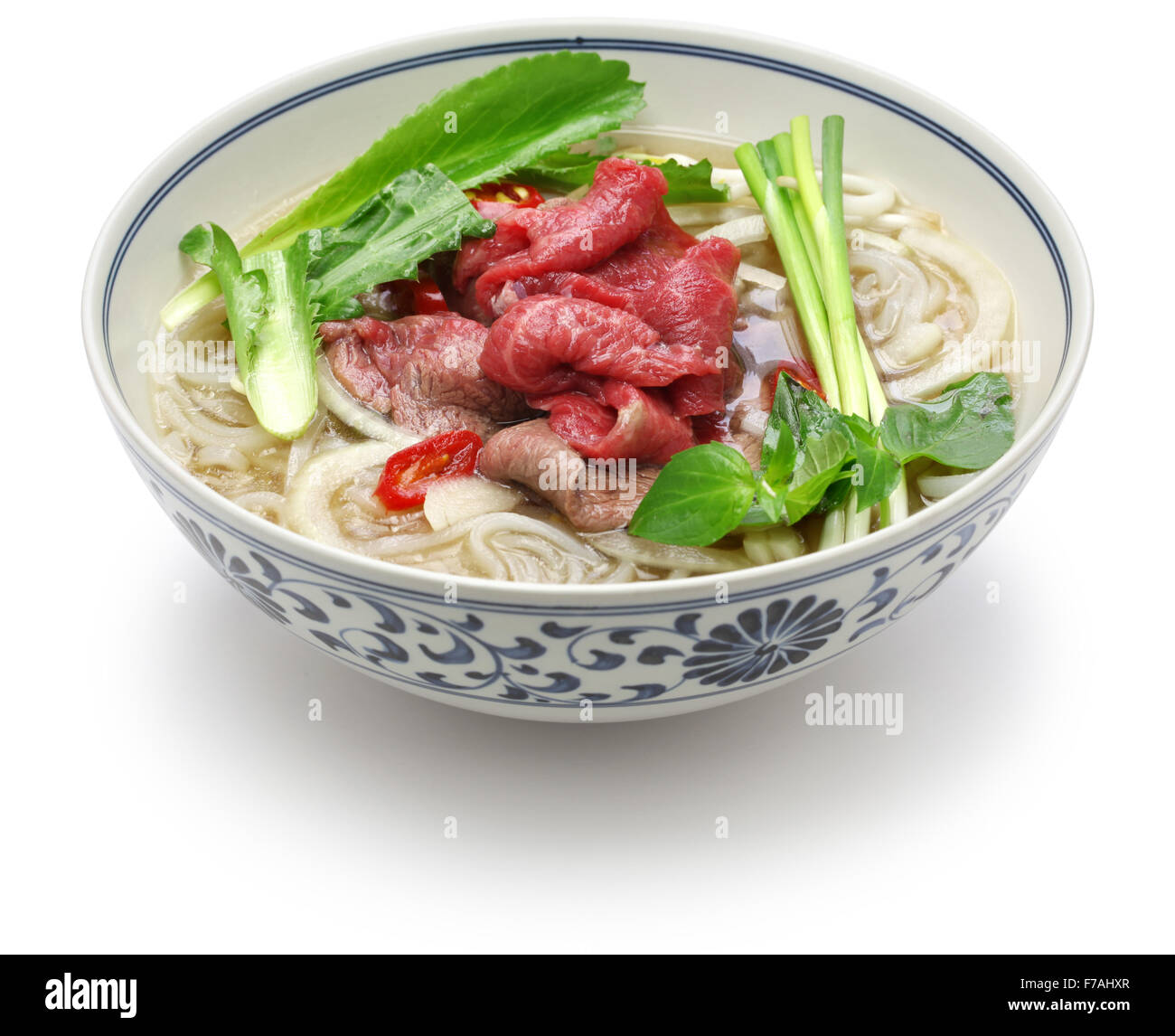 pho bo, vietnamese beef rice noodle soup isolated on white background ...