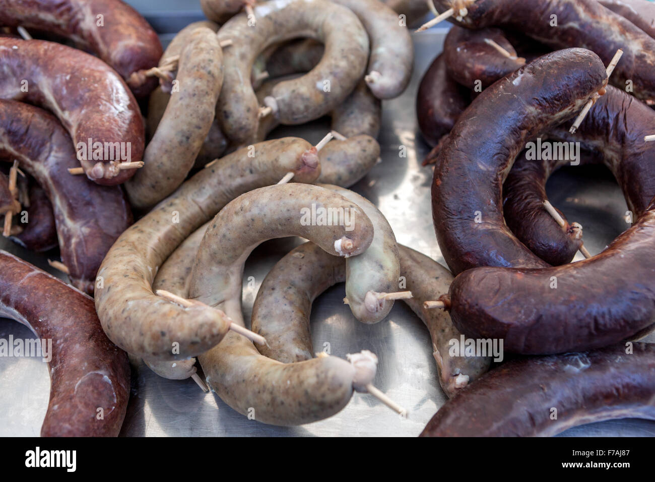 Various kinds of fresh sausage on the menu butchery Jitrnice Jelita ...
