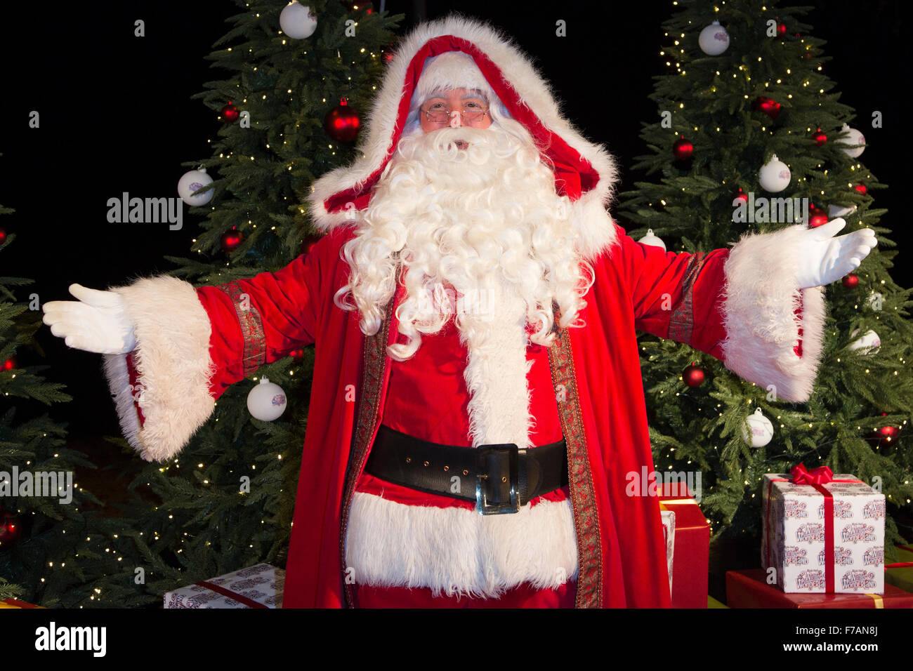 Santa Claus welcoming celebrities at the Hyde Park Winter Wonderland ...