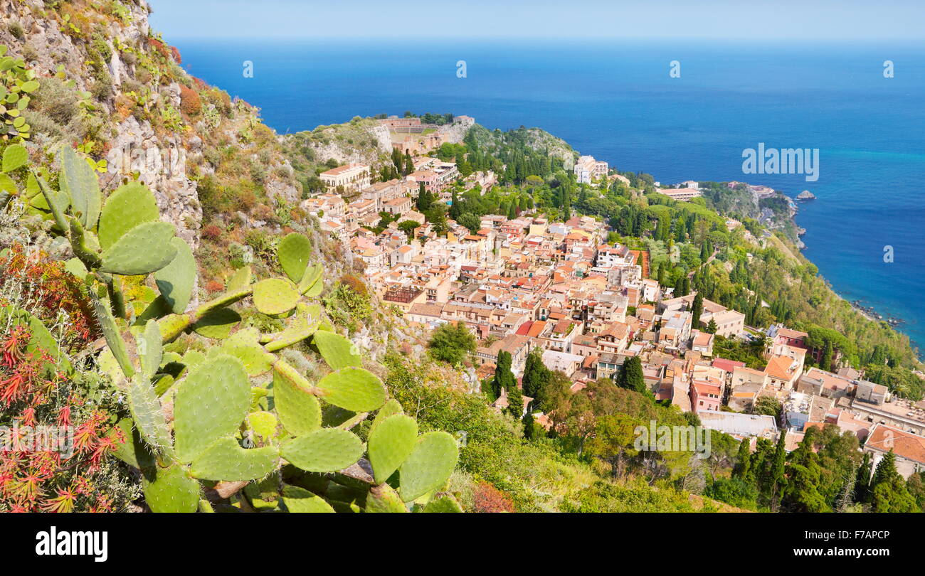 Aerial landscape view of Taormina Old Town, Sicily, Italy Stock Photo ...