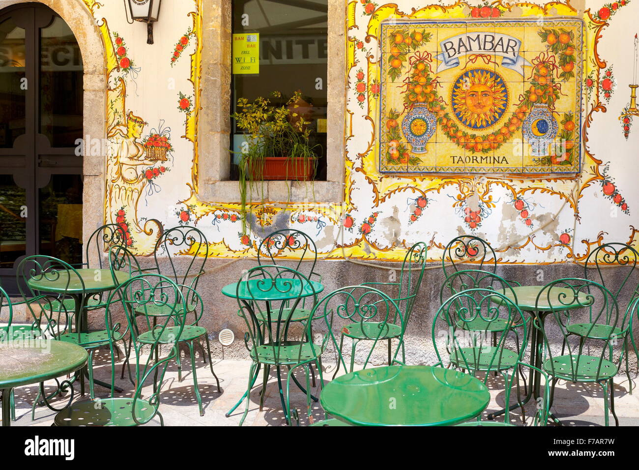 Bar decoration sign, Old Town in Taormina, Sicily, Italy Stock Photo ...