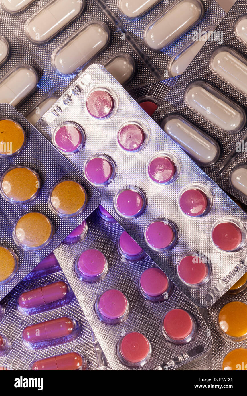 Many different colorful medication and pills from above Stock Photo - Alamy