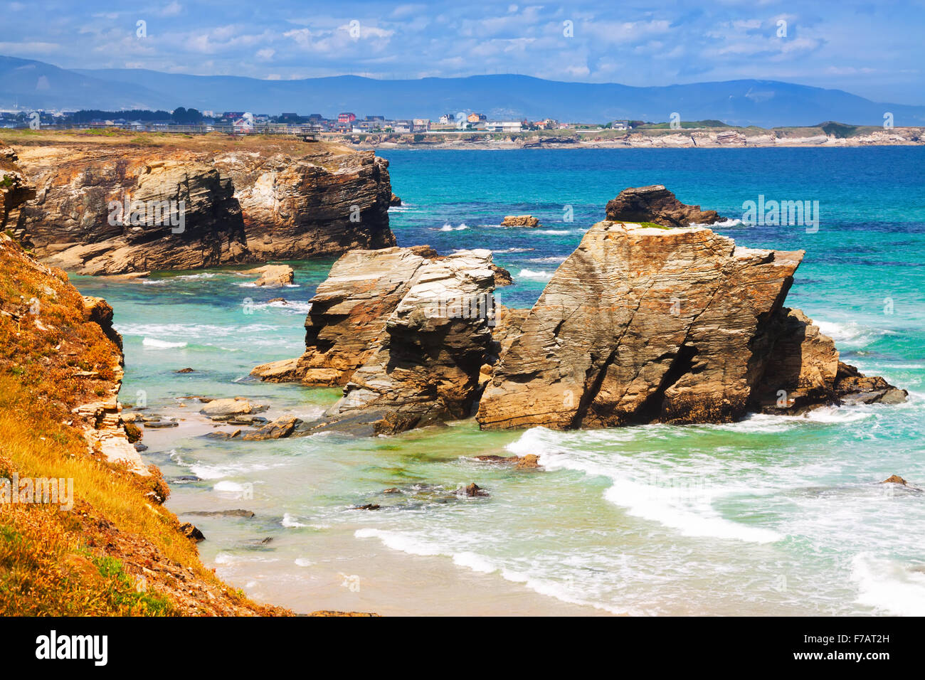 Rocks at sand beach in Atlantic Ocean coast of Spain Stock Photo - Alamy