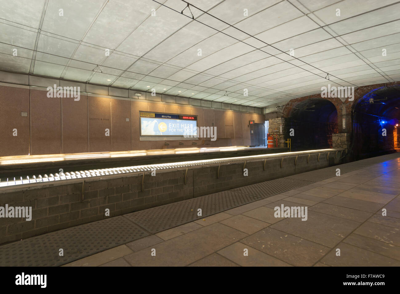 St Louis, Missouri, USA subway rail station with illuminated sign ...