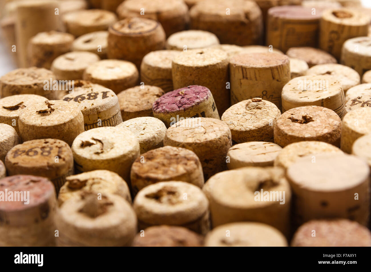 Closeup of a wall of used wine corks. A random selection of used wine ...