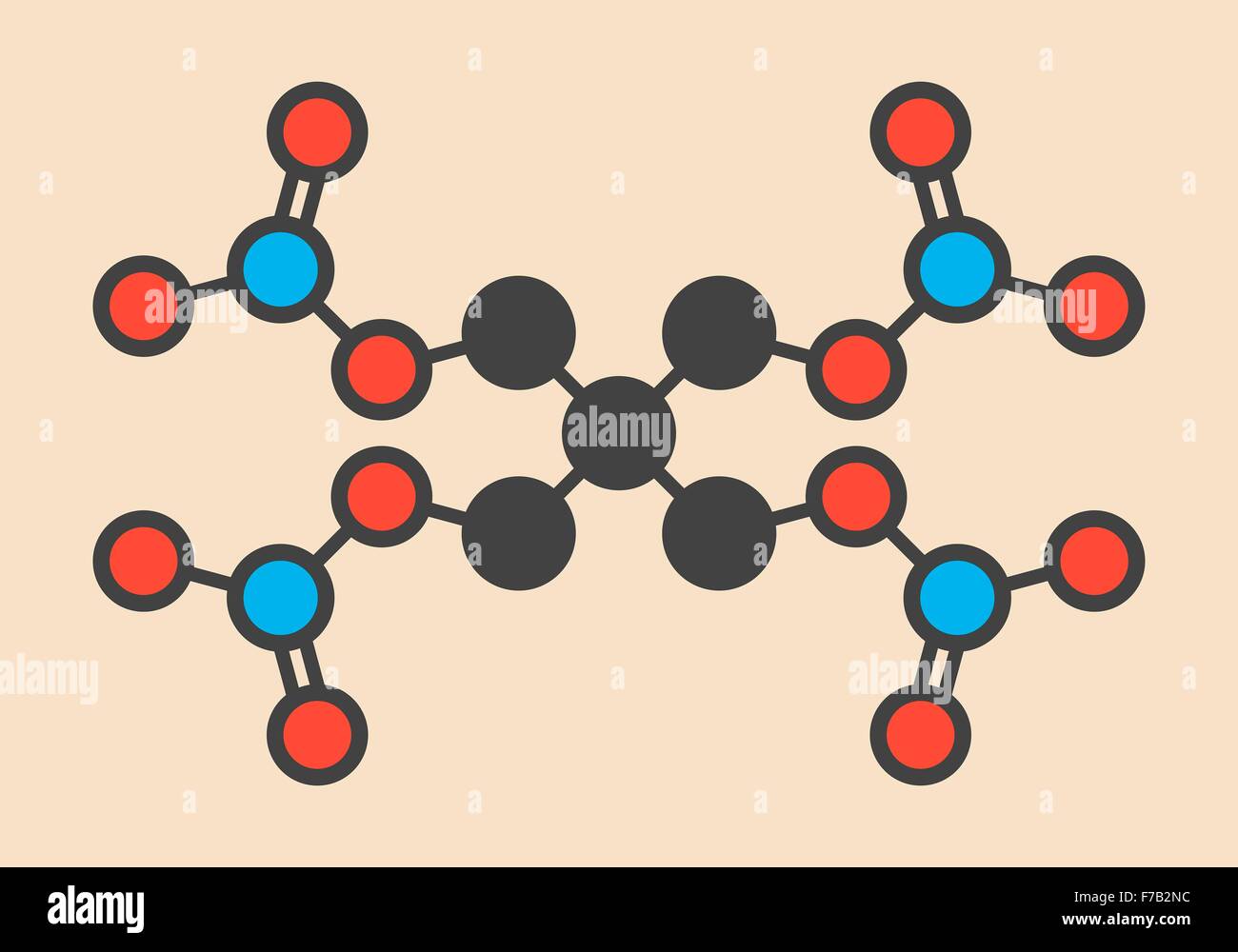 Pentaerythritol tetranitrate (PETN) explosive molecule. Also used as ...