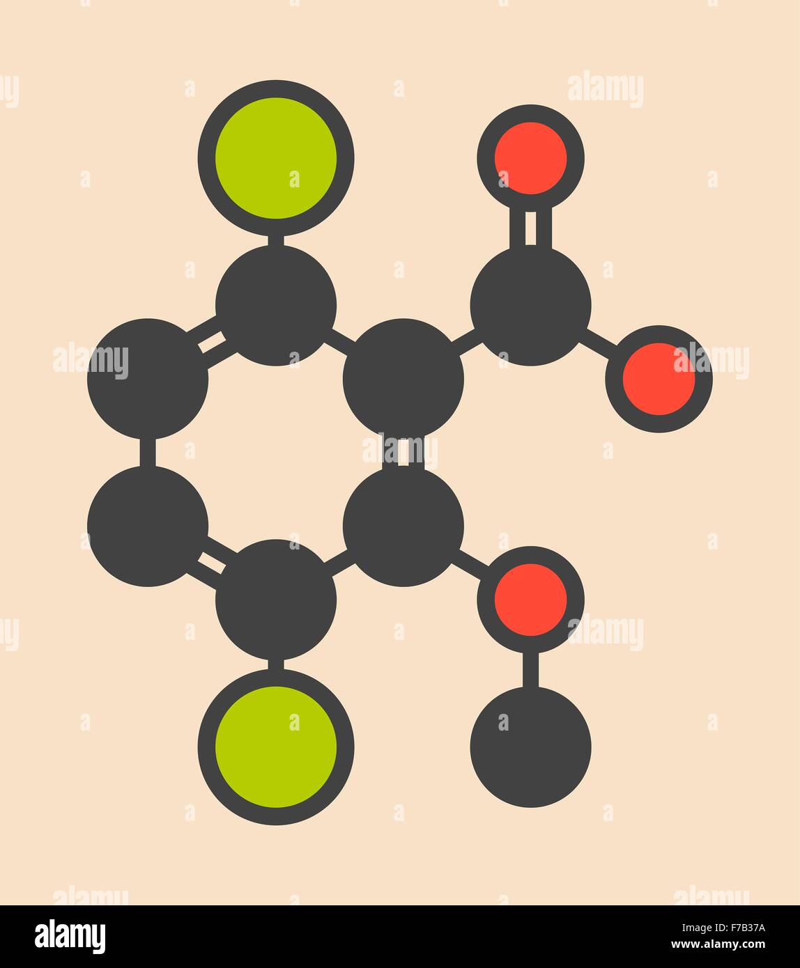 Dicamba herbicide molecule. Used in weed control. Stylized skeletal ...