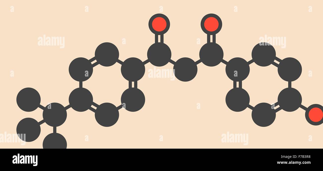 Avobenzone sunscreen molecule (UV filter). Stylized skeletal formula ...