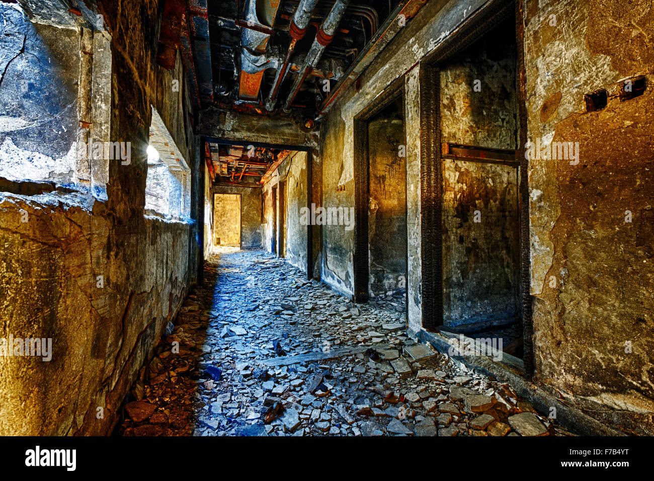Old abandoned ruin factory damage building inside Stock Photo - Alamy
