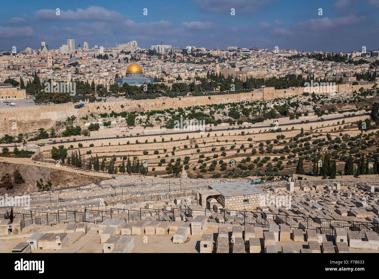 A view of the Jewish cemetery and the old walled city of Jerusalem ...