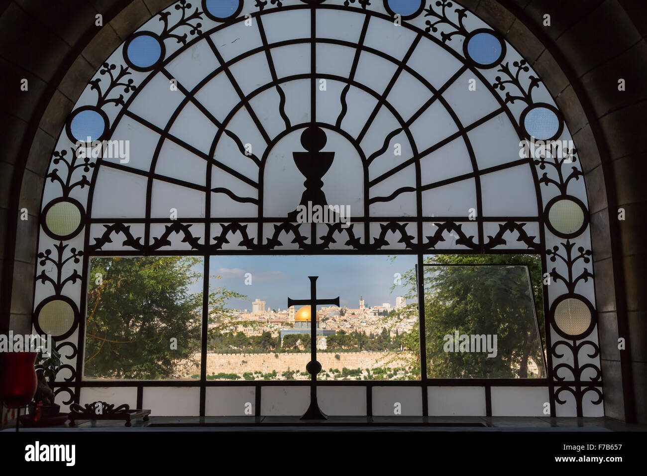 The decorative window at the Doiminus Flevit Church on the Mount of ...