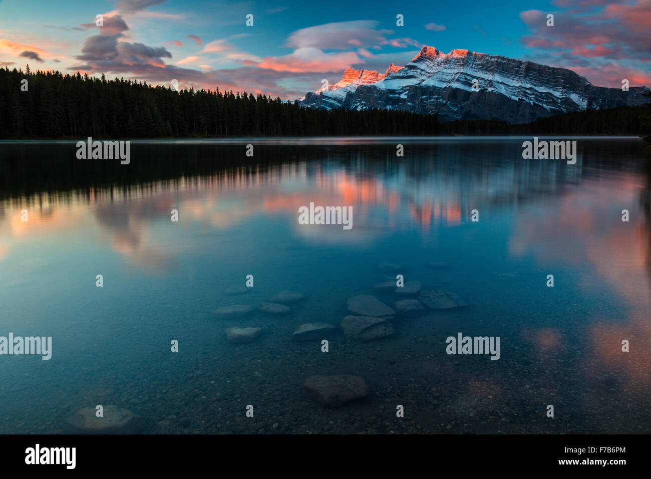 Sunrise, Canada, Alberta, Banff National Park, Two Jack Lake with Mount ...