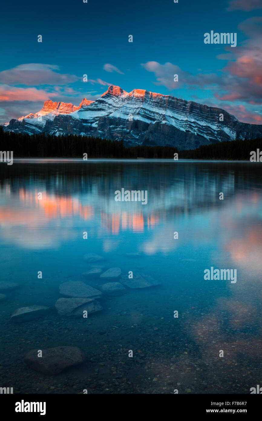 Sunrise, Canada, Alberta, Banff National Park, Two Jack Lake with Mount ...