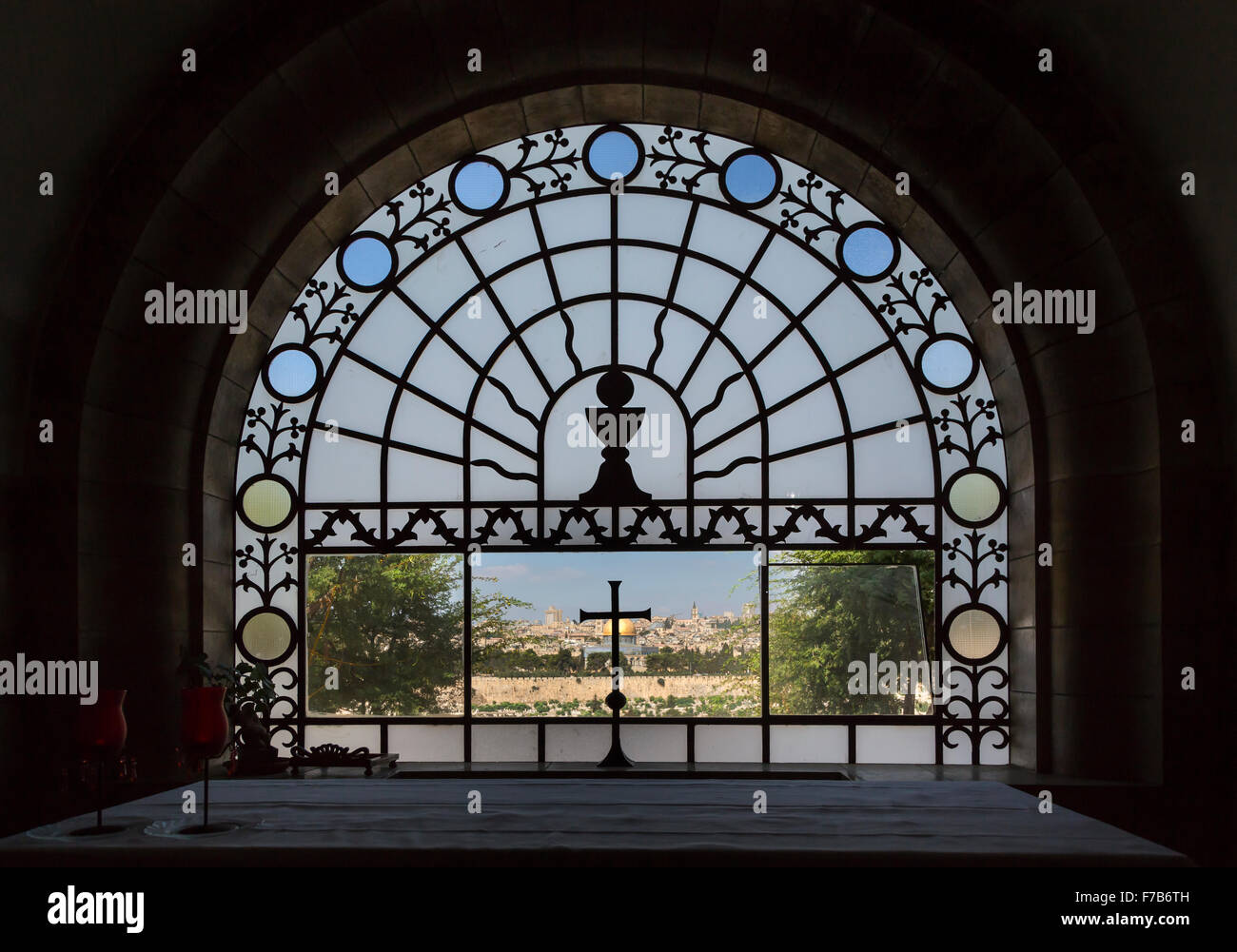 The decorative window at the Doiminus Flevit Church on the Mount of ...