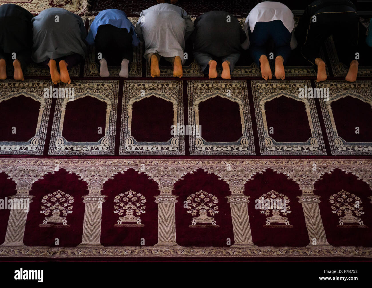 Iranian Shiite Muslim Men Kneeling And Praying In Mosque, Golestan ...