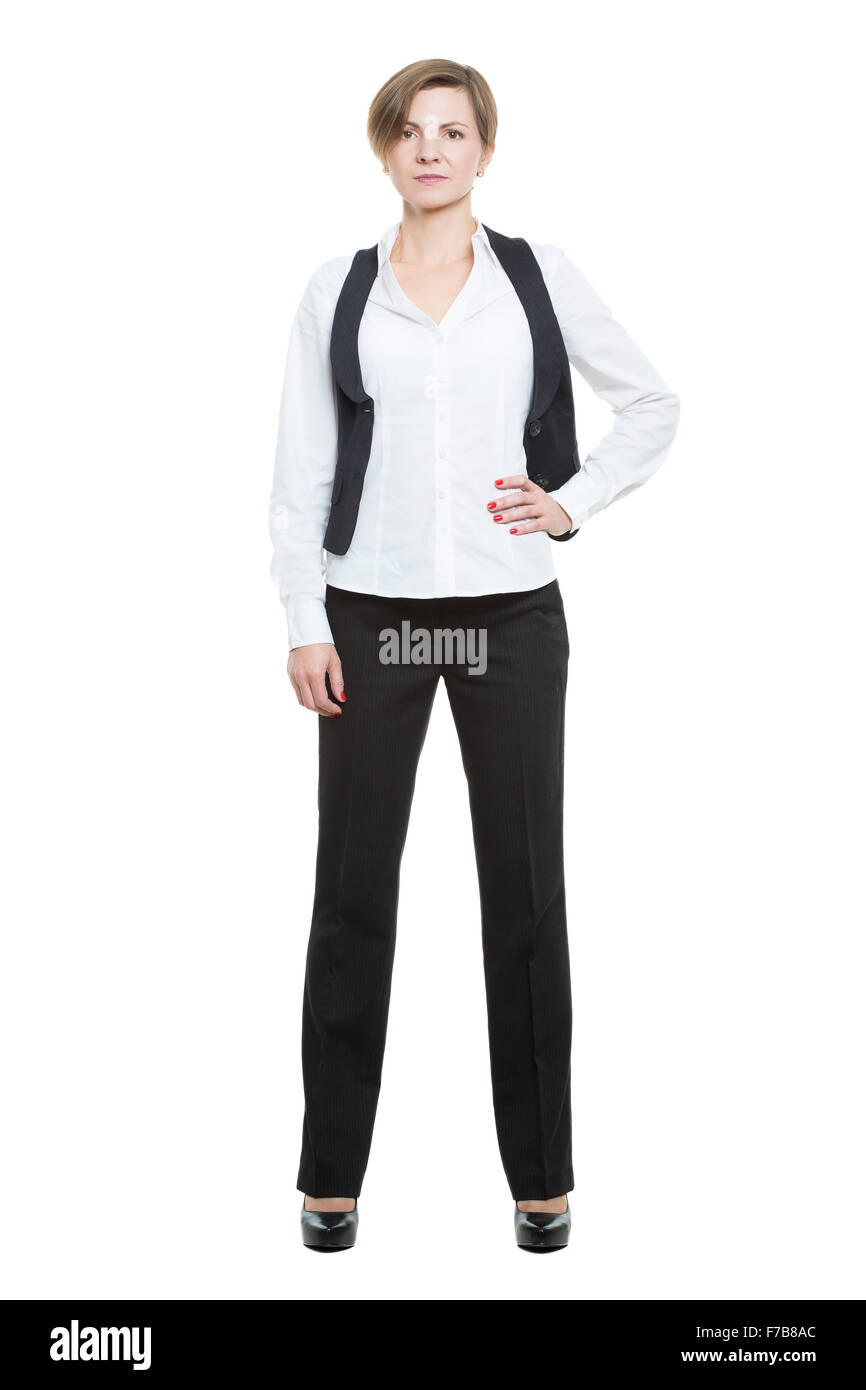 Portrait in full growth. Businesswoman legs wide apart. open posture ...