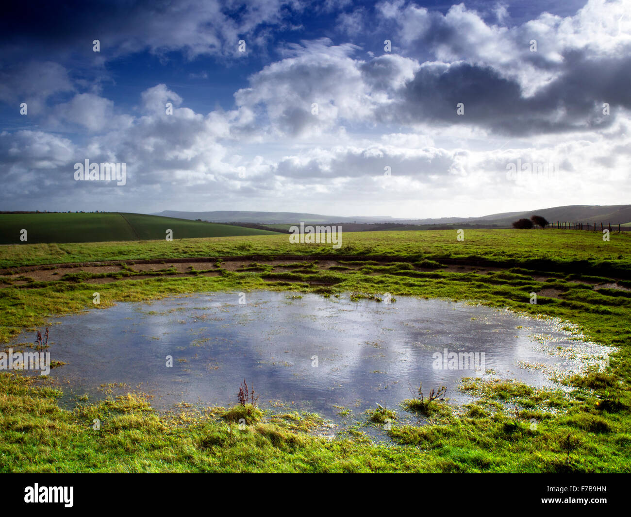 Dew pond on the South Downs Way nr Falmer, Brighton, Sussex, looking ...