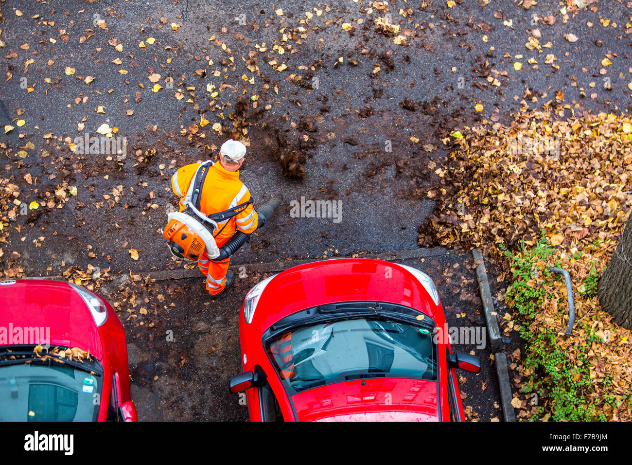 Road sweeper in fall, cleaning a street from fall foliage, Essen ...