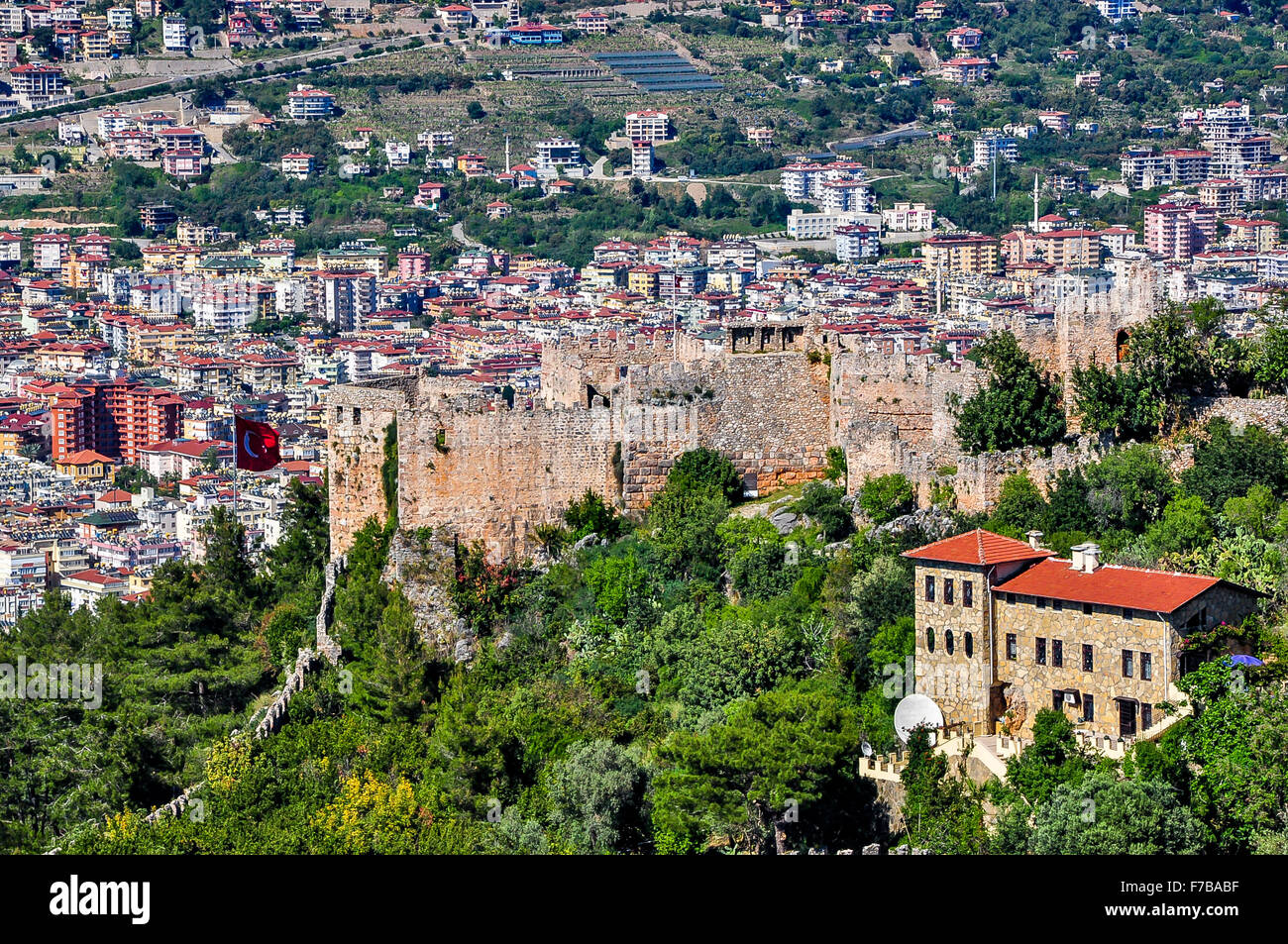 Panoramic view on lower castle and city from the upper castle in Alanya ...