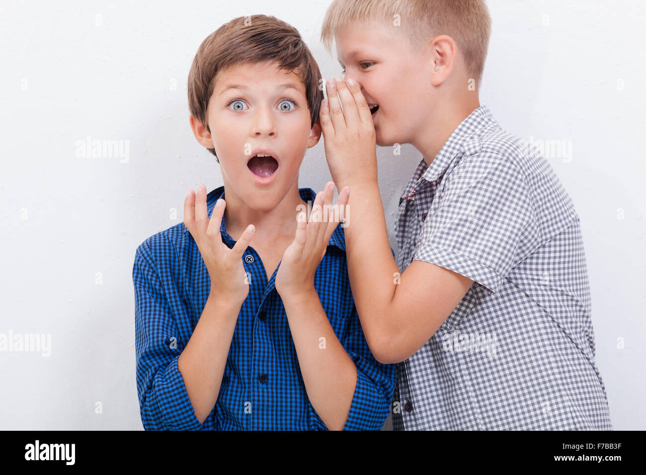 Teenage boy whispering in the ear a secret to friendl on white ...