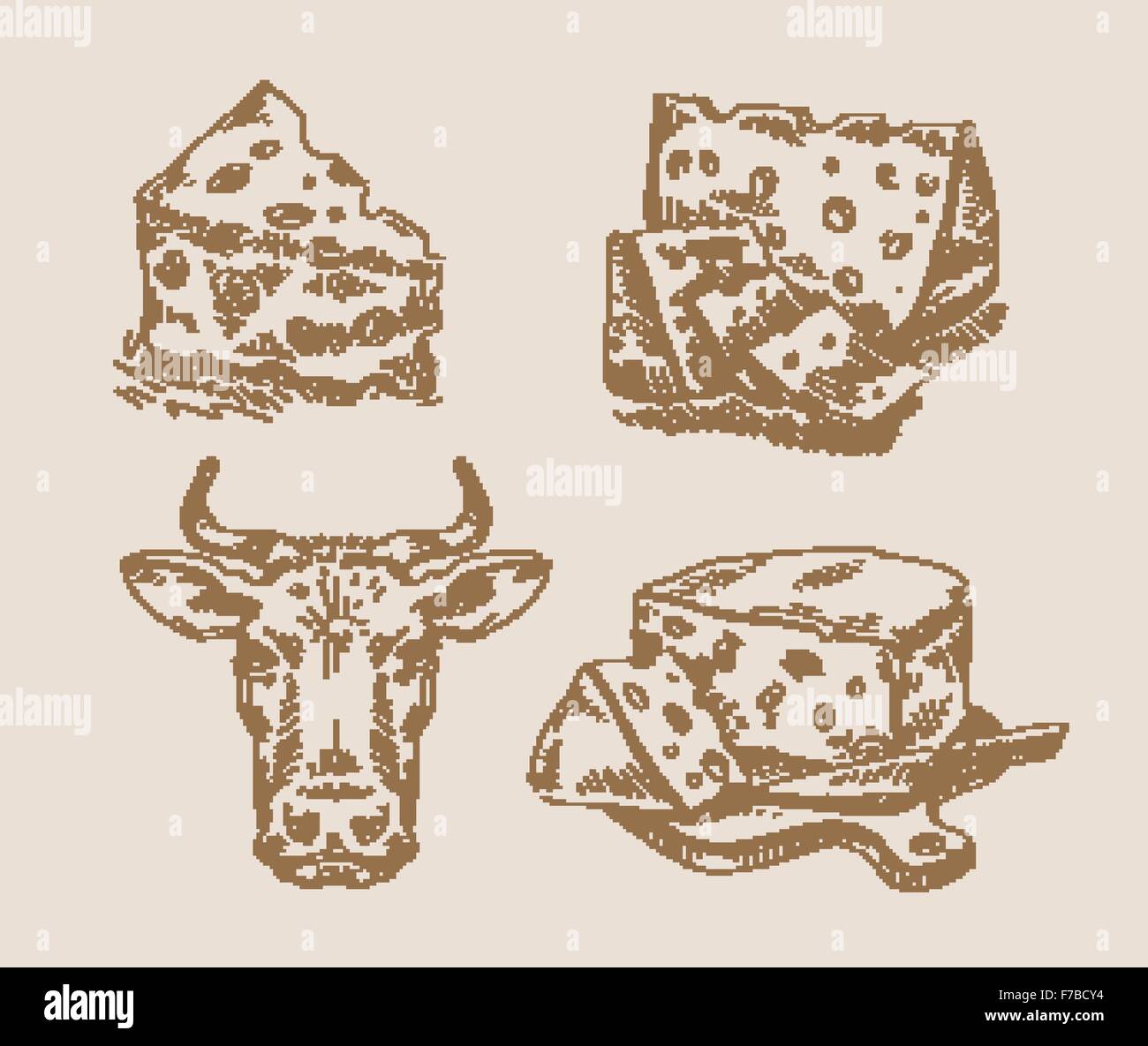 hand drawn sketch set of cheese and cow. vector illustration Stock ...