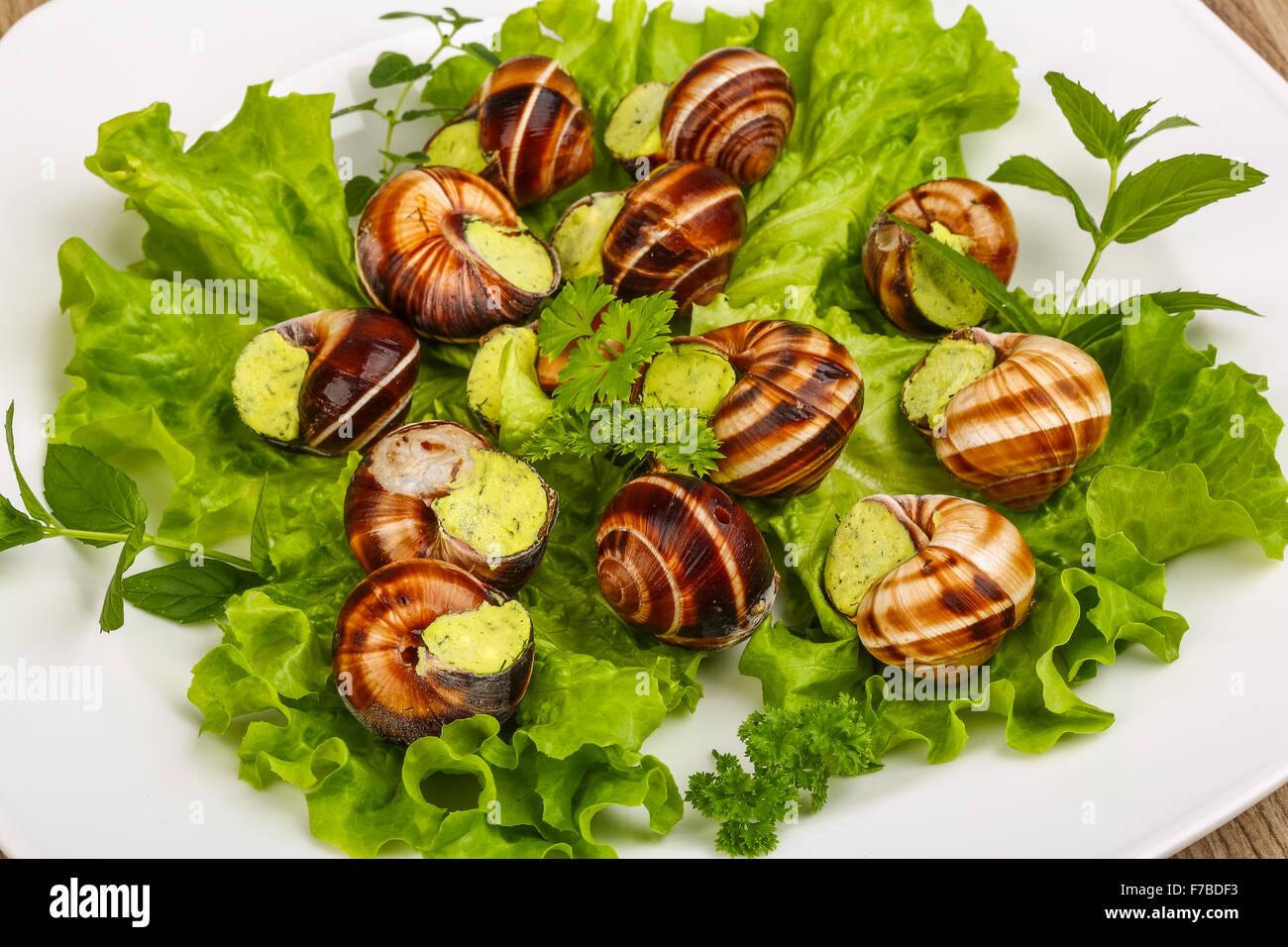 Escargot with parsley butter - served salad and mint leaves Stock Photo ...