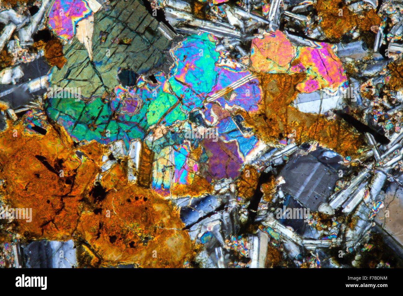 Cross polarized photomicrograph, Plagioclase Diabase or dolerite or ...
