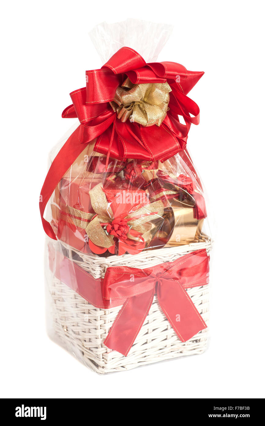Basket with gifts isolated on white background Stock Photo - Alamy