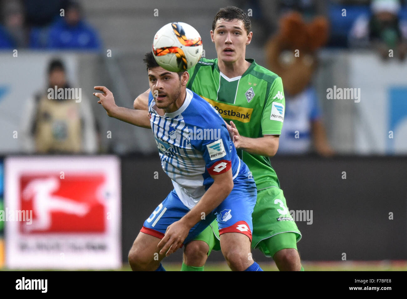 Sinsheim, Germany. 28th Nov, 2015. Hoffenheim's Kevin Volland (front ...