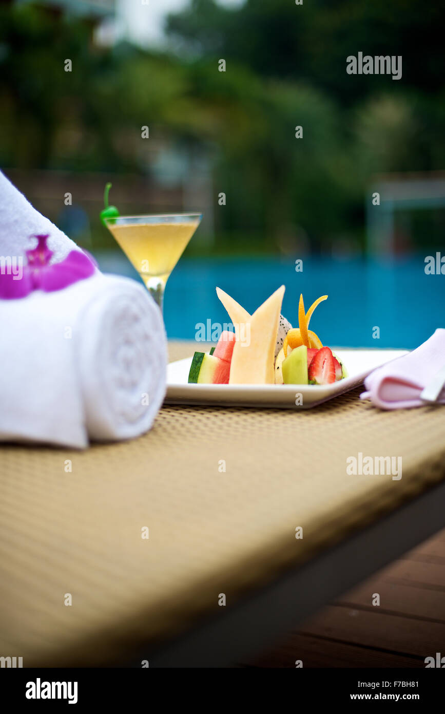 Food Plater with drinks on vacation at the swimming pool Stock Photo ...