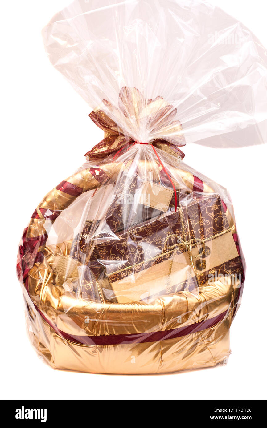 Basket with gifts isolated on white background Stock Photo - Alamy