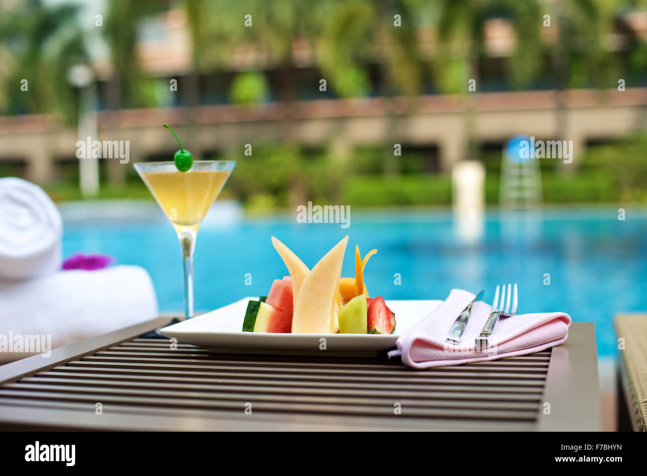 Food Plater with drinks on vacation at the swimming pool Stock Photo ...