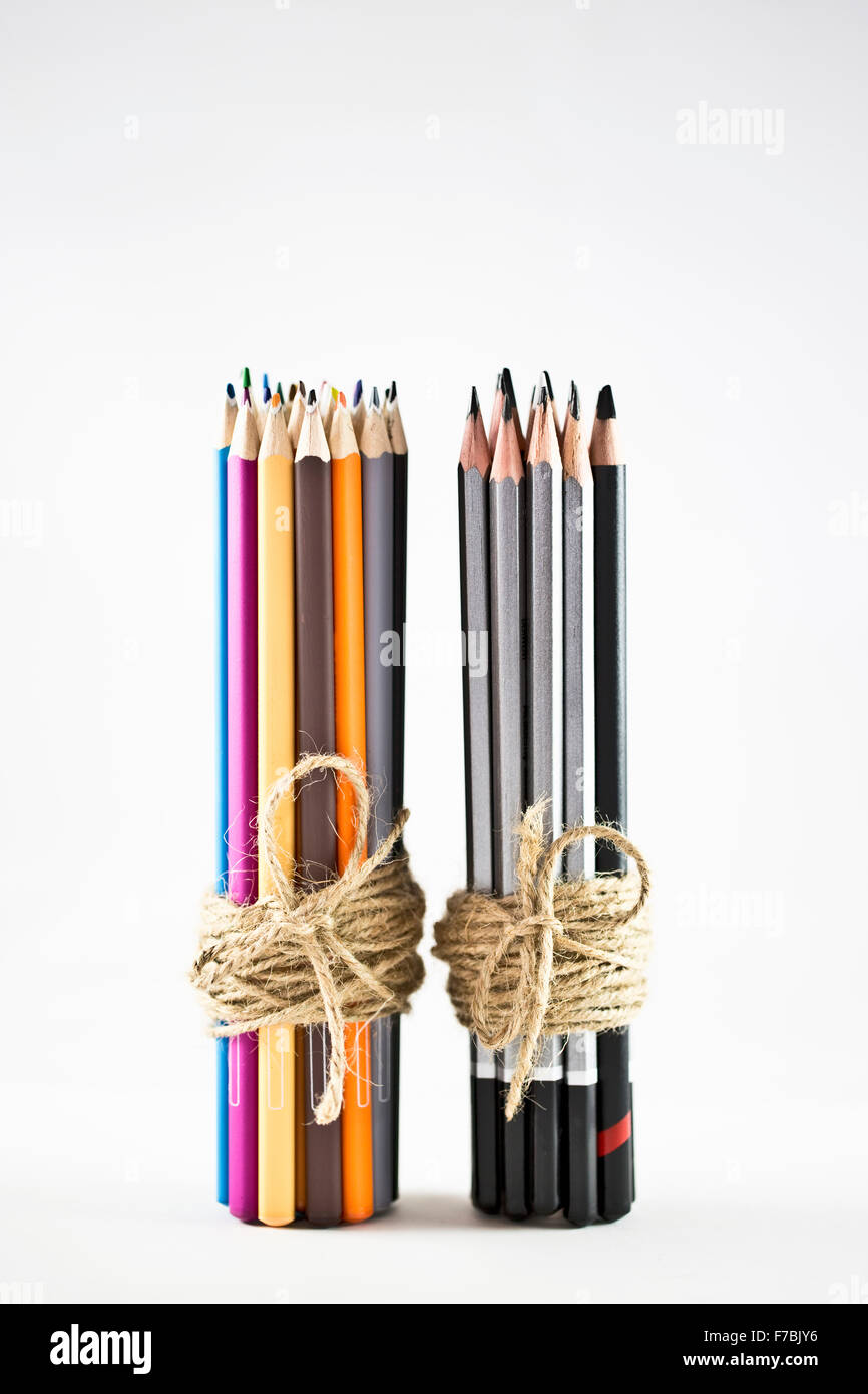 Bundle of colored pencils tied together with jute twine Stock Photo - Alamy