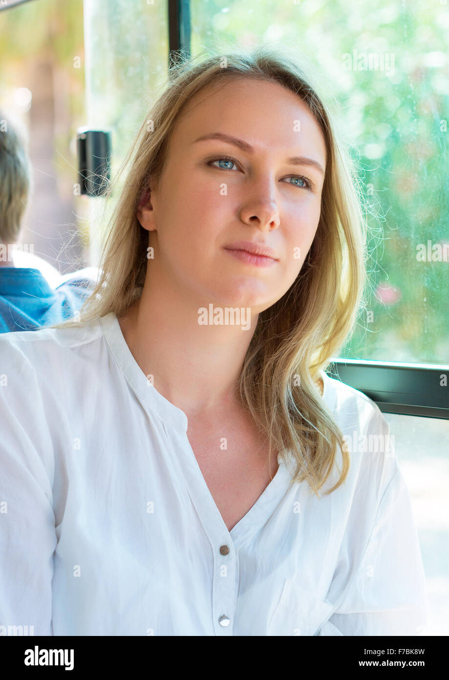 Female passenger in the bus at summer Stock Photo - Alamy
