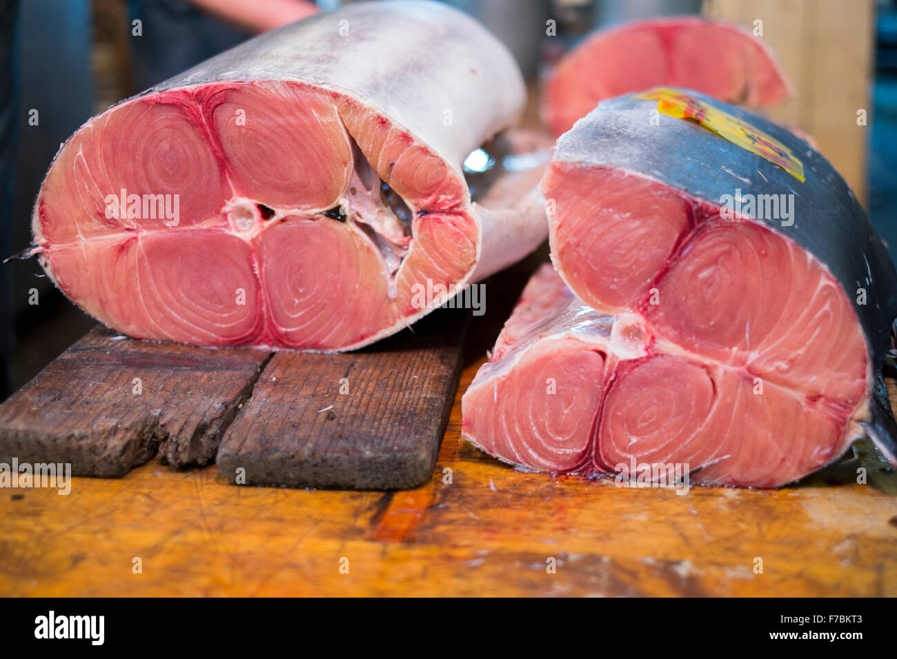 Fresh swordfish cut and on display in the Tsukiji fish market in Tokyo ...