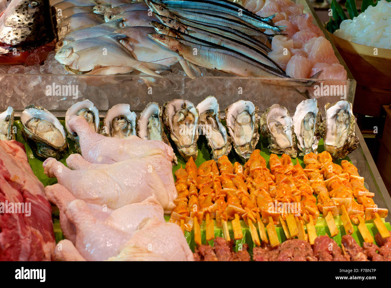 Raw meat and seafood in buffet restaurant Stock Photo - Alamy