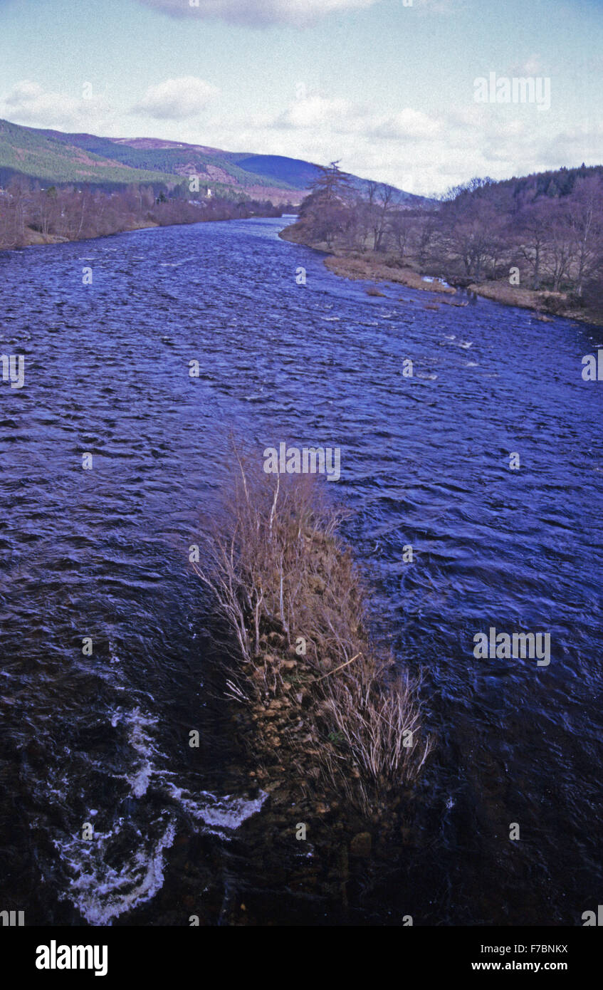 Small island below the bridge in the river Dee. Ballater. Royal Deeside ...