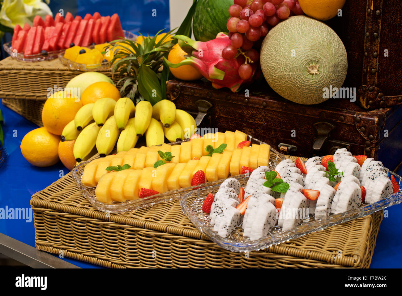 Exotic fruits display in buffet on the table Stock Photo - Alamy