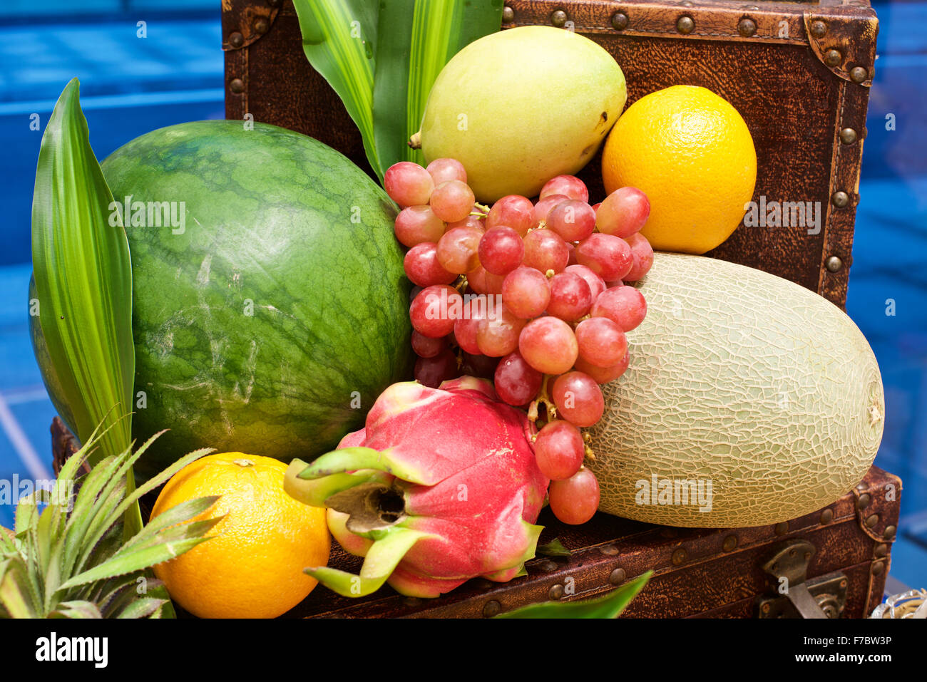 Exotic fruits display on the table Stock Photo - Alamy