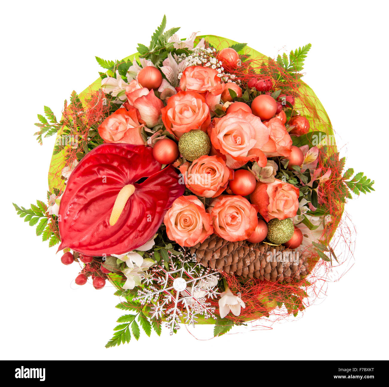 Red roses with christmas decoration and ornaments over white background ...