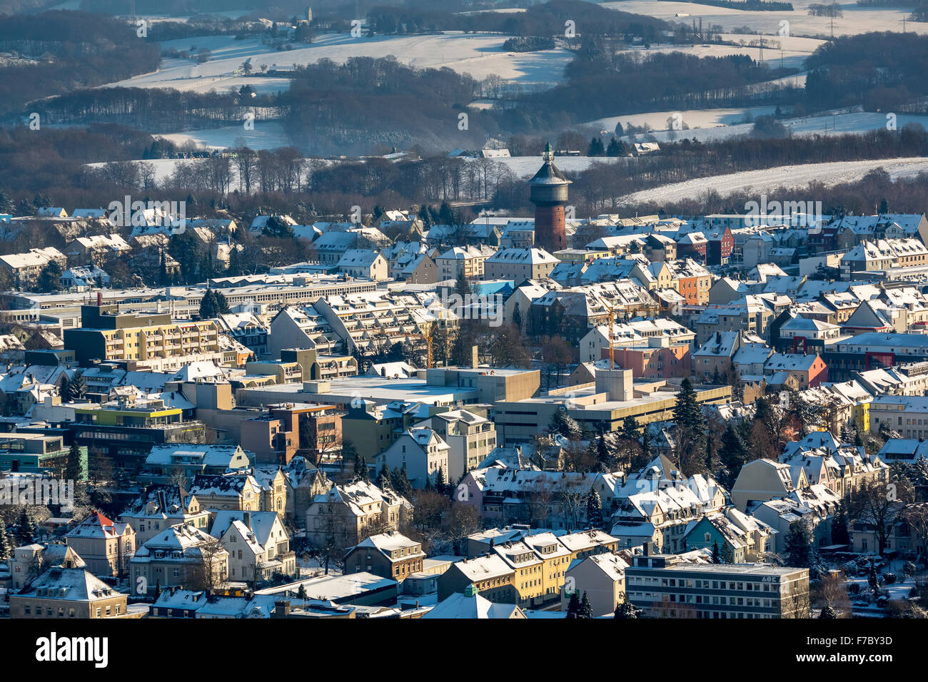 View of Velbert with the historic water tower, winter, snow, Velbert ...