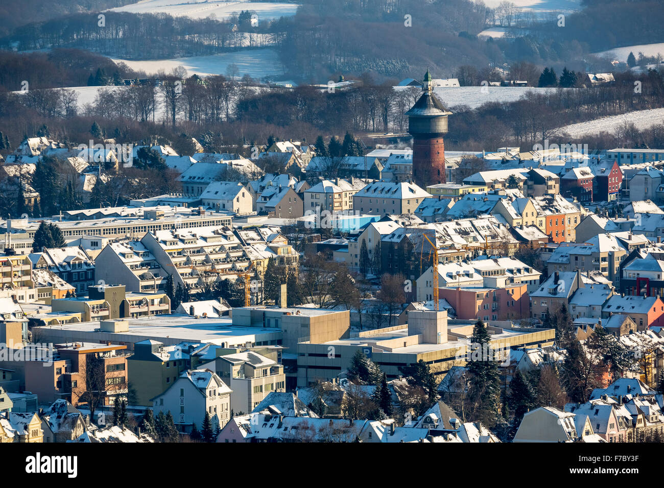 View of Velbert with the historic water tower, winter, snow, Velbert ...