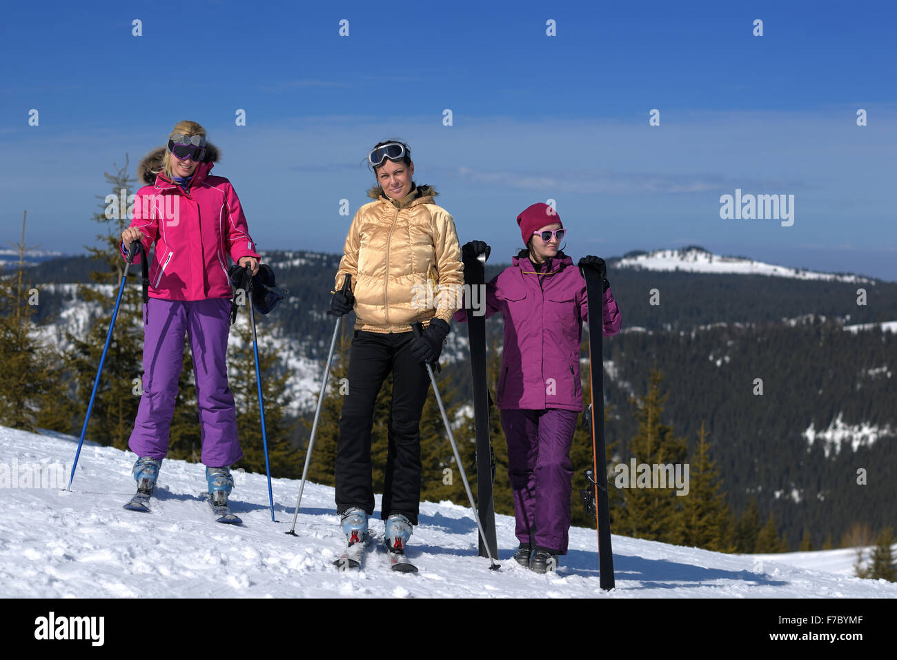 happy friends group of woman girls have fun at winter season at ...