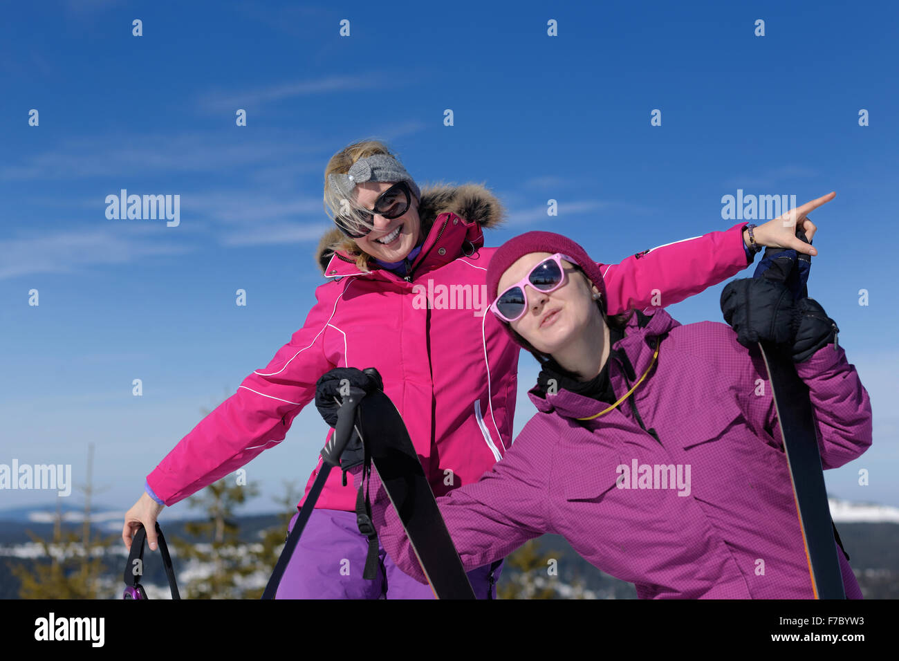 happy friends group of woman girls have fun at winter season at ...
