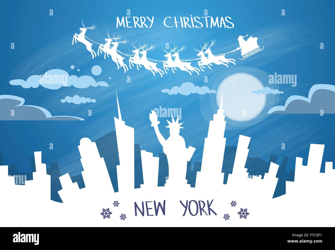 Santa Claus Sleigh Reindeer Fly Sky over New York City USA Silhouette Stock Vector Image & Art ...