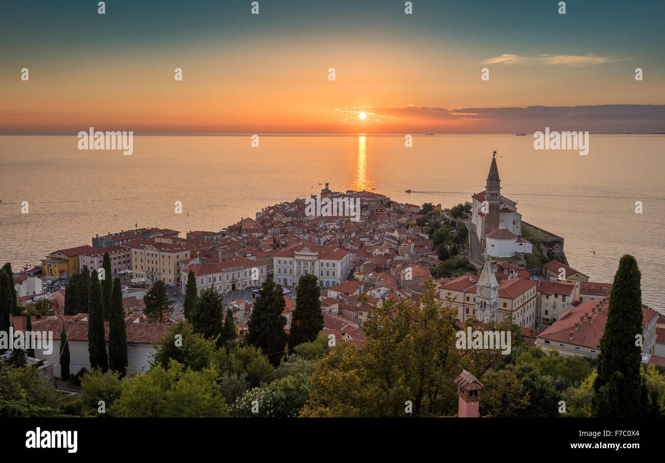 Sunset Over Adriatic Sea and Picturesque Old Town of Piran, Slovenia ...
