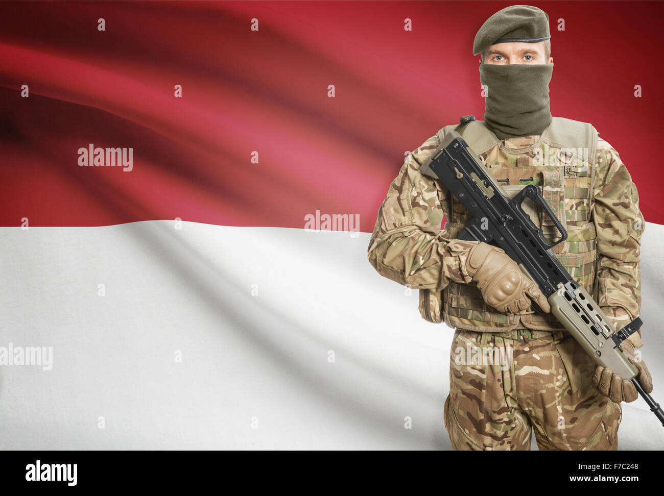 Soldier holding machine gun with national flag on background ...